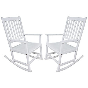 BTEXPERT Indoor Outdoor Slatted Wooden Front Rocking Chair Garden Deck Porch Rocker, Furniture, White, Set of 2