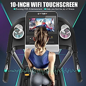 SYTIRY Folding Treadmill,10'' HD Touchscreen, WiFi, TV, YouTube and Facebook, Compact Treadmills Easy Assembly, Walking Jogging Running Machine for Family & Office Use TR060801