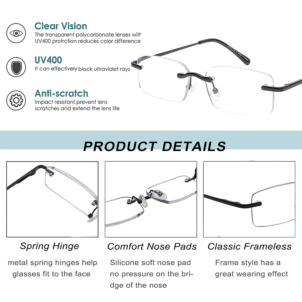 HIYANJN Frameless Reading Glasses Blue Light Blocking Rimless Computer Reader For men Lightweight Eyeglasses(3-Pack,1.50)