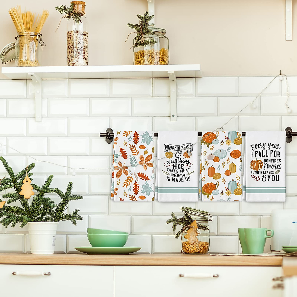 AnyDesign 4 Pack Fall Kitchen Dish Towel Thanksgiving Leaves Pumpkins Tea Towels 18 x 28 Inch Autumn Rustic Vintage Fall Harvest Dishcloth Hand Drying Cloth Towel for Holiday Kitchen Cooking Baking