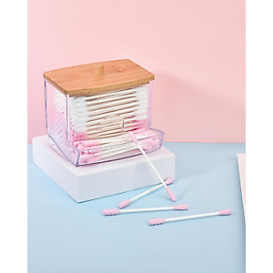 AIMIXUN 2 Pcs Cotton Swab Holder, Cotton Swab Dispenser with Bamboo Lids, Qtips Holder Bathroom Set Bathroom Canisters Bamboo Bathroom Storage Jars Storage Containers Clear Plastic