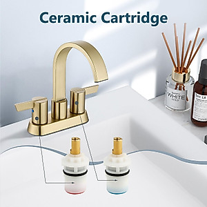 Aolemi Bathroom Faucets for Sink 3 Hole,4 Inch Centerset Waterfall Faucet Bathroom Sink Faucet,2 Handle Faucet for Bathroom Sink,with Pop-Up Drain and Supply Lines,Brushed Gold