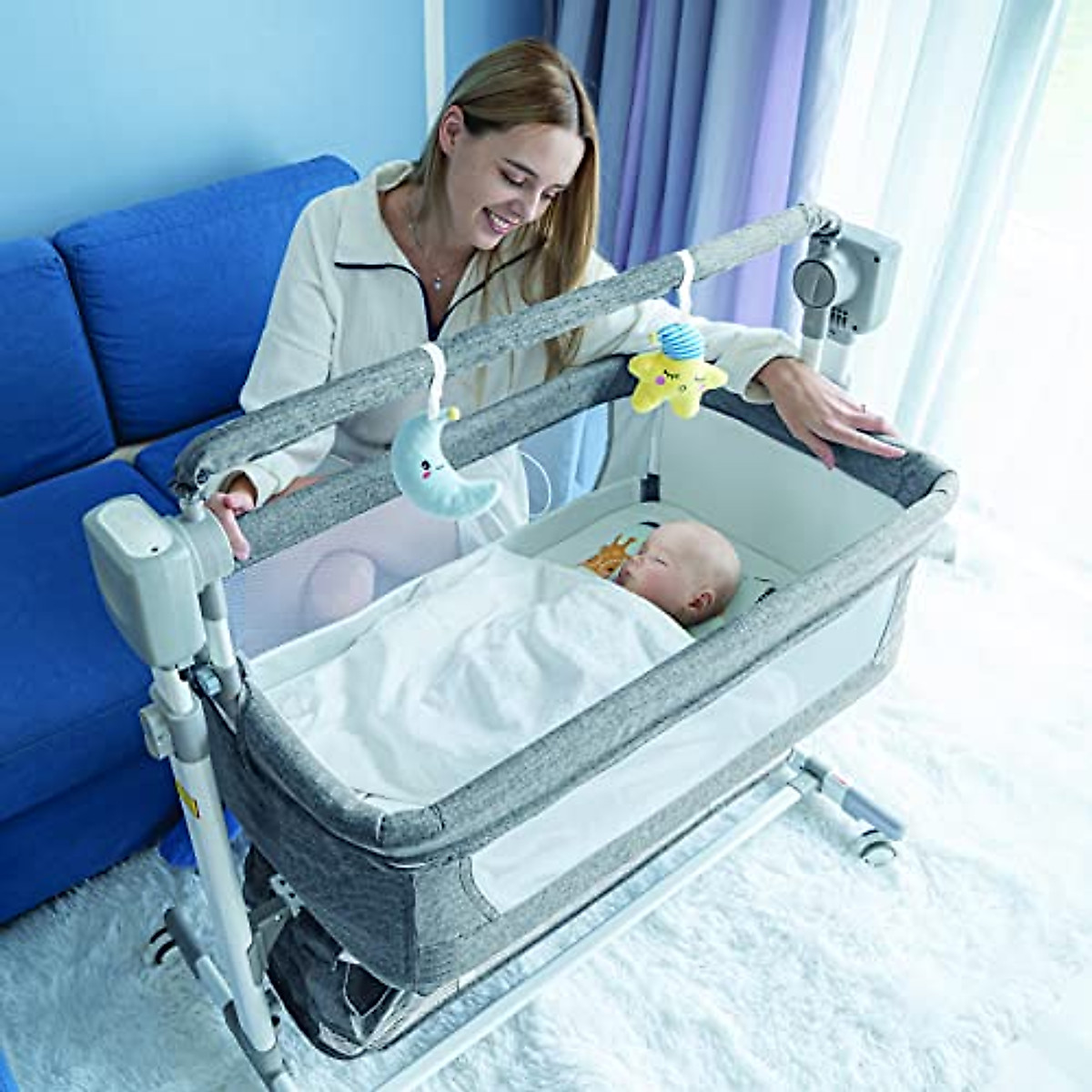 BABY K Electronic Rocking Bedside Bassinet (Grey) - 4 in 1 Automatic Swaying Mesh Baby Bassinet Co Sleeper Crib with 5 Swing Motions, 3 Timer Setting & Bluetooth Music Control for Infant & Toddlers