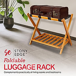 Stony Edge Folding Luggage Rack | Honey Oak Wood Finish, 27x16x22 Inches | Perfect for guest room with Extra Shelf Storage | Suitable for Luggage, Suitcase and Shoes