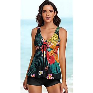 Omichic Cute Pineapple Tankini Swimsuits for Women Vinatge Floral Tummy Control Two Piece Bathing Suits Tank Top with Boyshorts Small