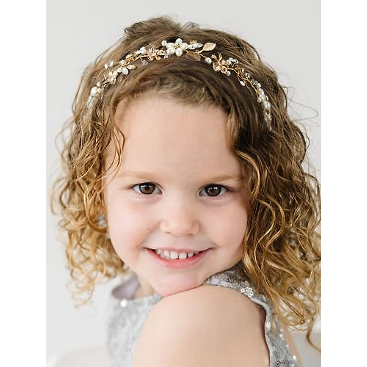 SWEETV Flower Girl Headpiece Pearl Gold Wedding Hair Accessories for Girls Flowers Headband Tiara for Birthday,party