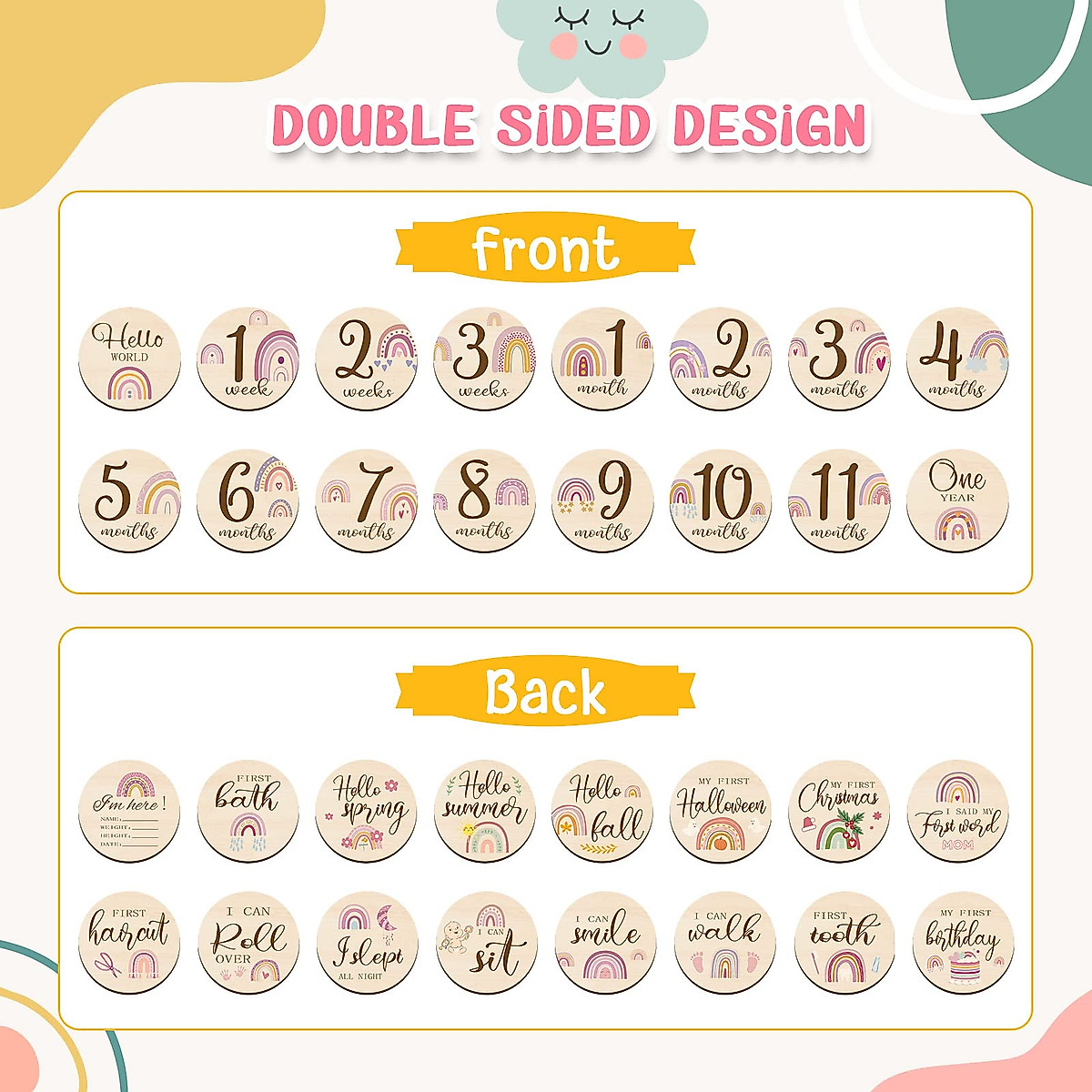 16 Pieces Wooden Baby Monthly Milestone Cards Baby Monthly Milestone Marker Discs Double Sided Monthly Milestone Wooden Circles Baby Months Signs for Baby Shower Newborn Photo Props(Rainbow)
