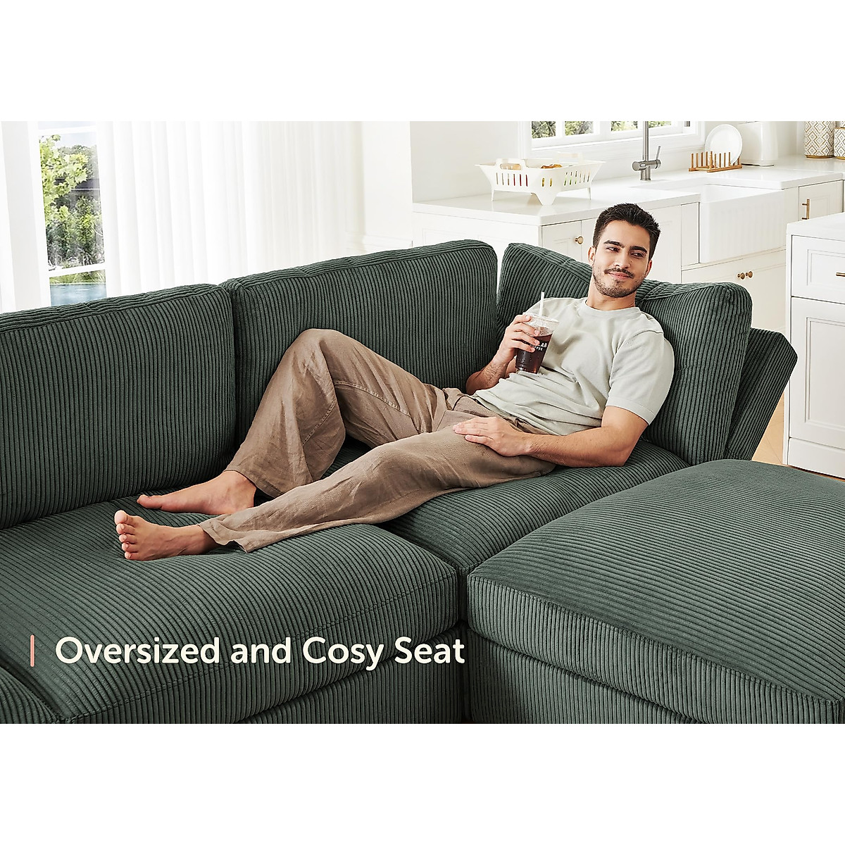 HONBAY Modular Sectional Sofa with Storage Corduroy Sectional Sleeper Sofa Modular Sectional Couches for Living Room,Green