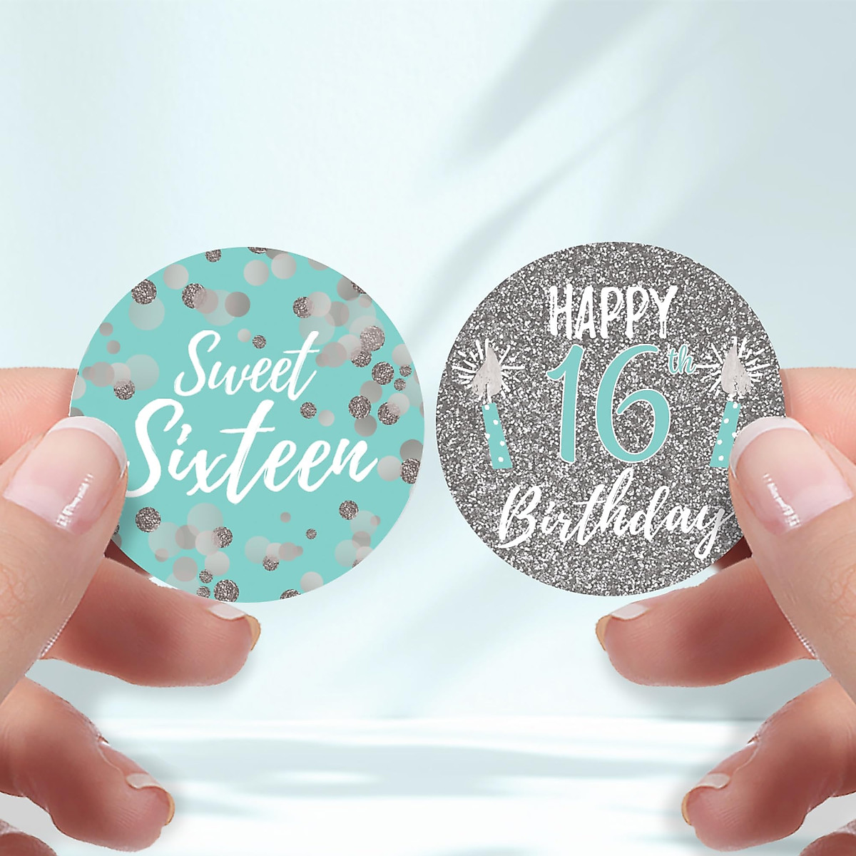 Blue Sweet 16 Birthday Stickers - Sixteen Happy 16th Party Round Labels - 40 Count