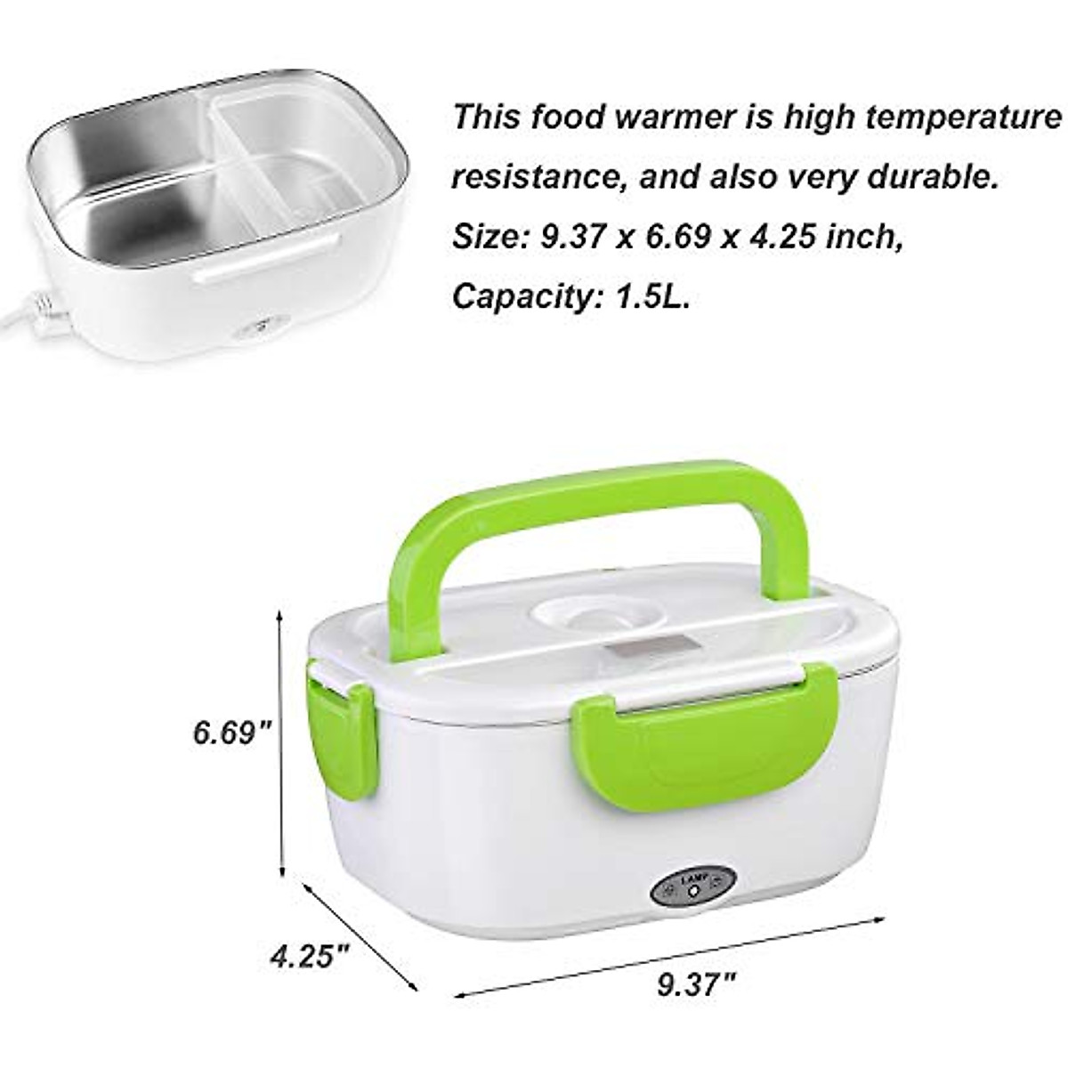 Electric Lunch Box for Car and Home 110V & 12V 40W - Removable Stainless Steel Portable Food Grade Material Warmer Heater - with 2 in 1 Fork & Spoon (Green)