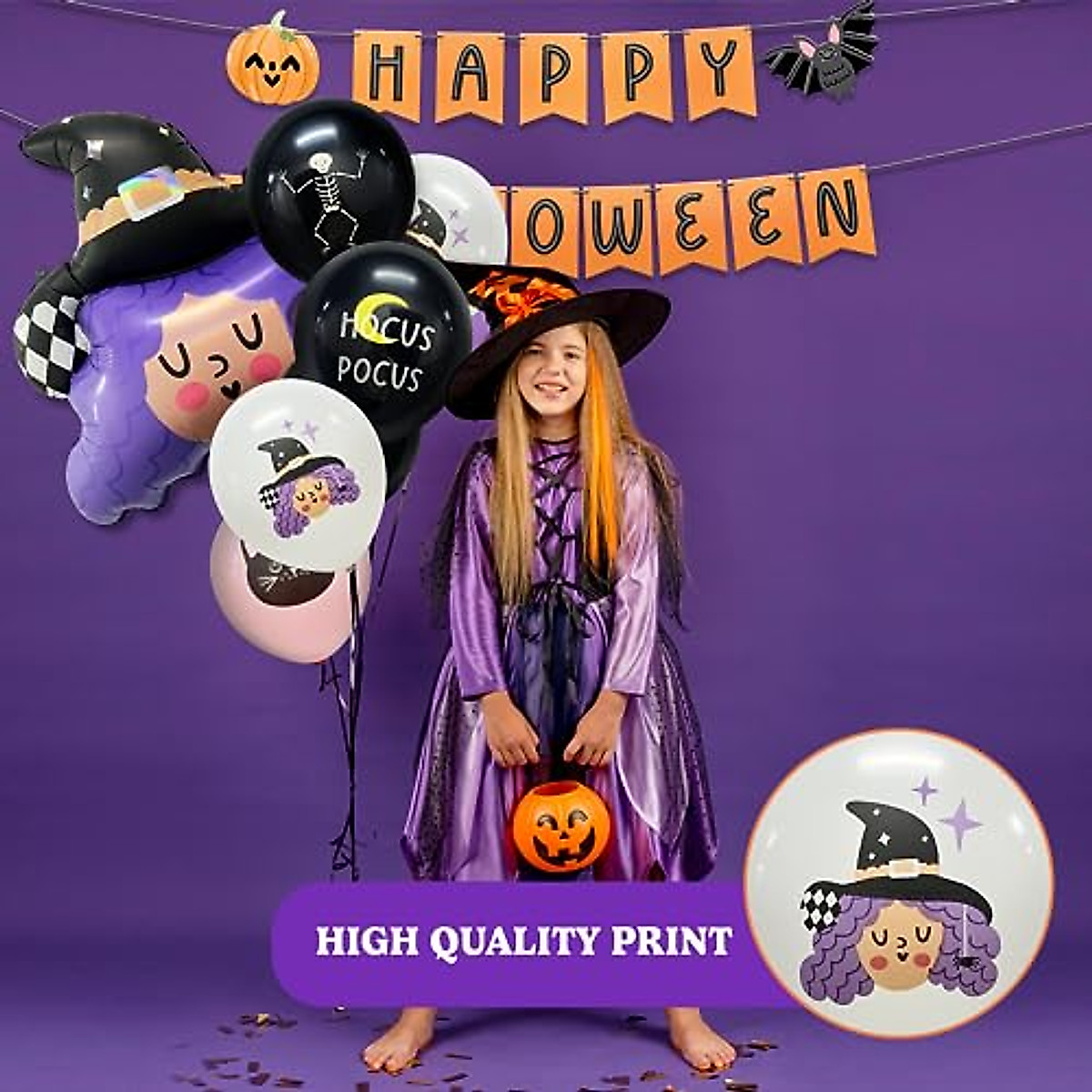 HOUSE OF PARTY Halloween Witch Foil Balloon-50PCS Black Pink White Witch, Cat Latex Balloons for Halloween Birthdays Graduation Party Decorations, School Classroom Games, Kids' Hand Out