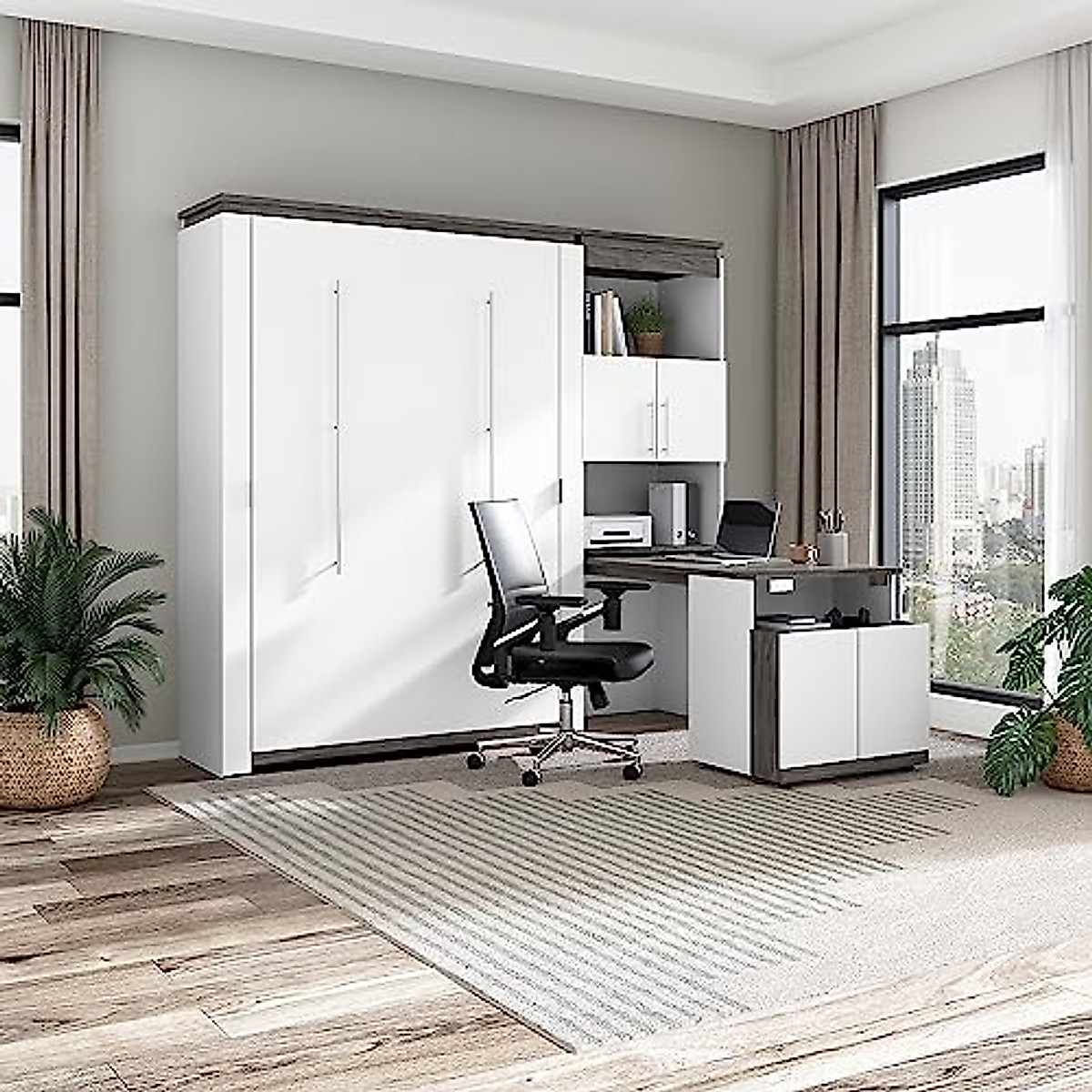 Bestar Orion Murphy Bed with Storage Cabinet and Fold-Out Desk (91W), Sleeping Arrangement with Work Surface, Full, White & Walnut Grey