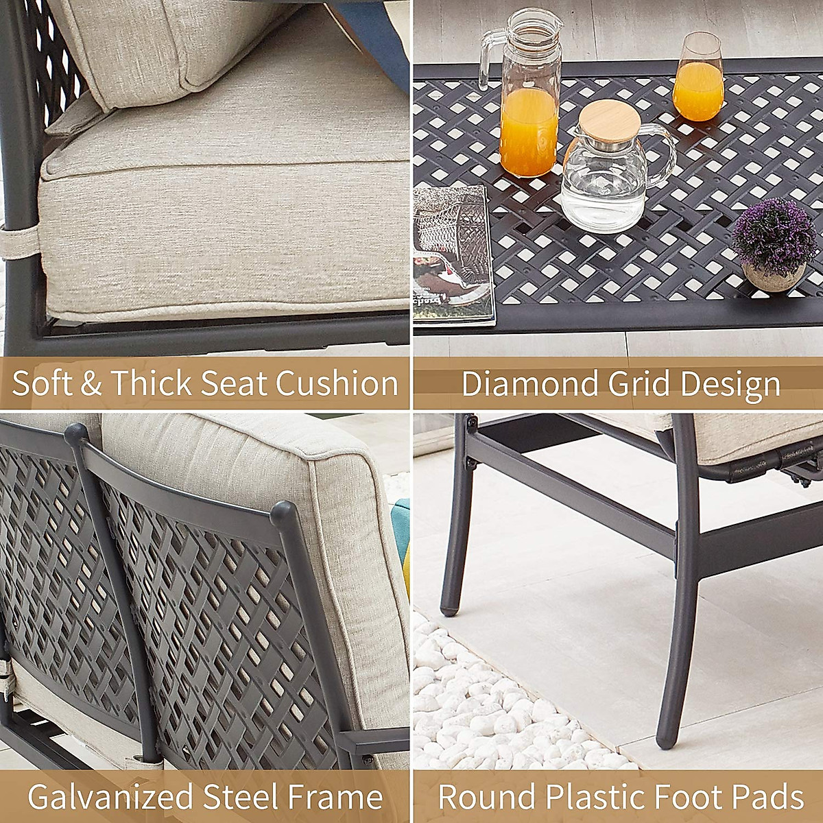 PatioFestival Patio Conversation Set 6 Pieces Metal Outdoor Furniture Seating Sets with Beige Thick Cushions, Rocking Chairs & Coffee Table & Loveseat