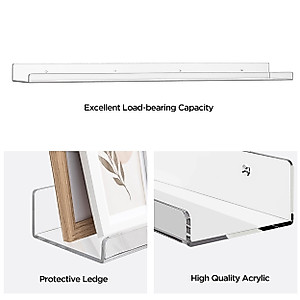 HBlife Acrylic Clear 2 Pack 72 Inch Floating Shelves, Picture Frames Display Rack Set of 2, Narrow Wall Mounted Picture Ledge Shelf for Living Room Bedroom Decor Books Photo Frames