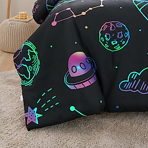 Aimuan Space Bedding Twin Bed Comforter Kids Rocket Bedding Set Super Soft & Cute Aliens UFO Printed for Boys Girls Teen (Black, Twin)
