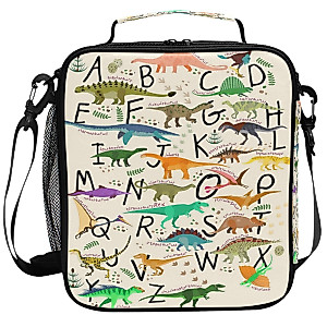 Pfrewn Dinosaur Lunch Box Alphabets With Dinosaurs Lunch Bag Insulated Reusable Cooler Meal Prep Bags Dino Animals Lunch Tote with Shoulder Strap for School Kids Boys Teens Office Adults