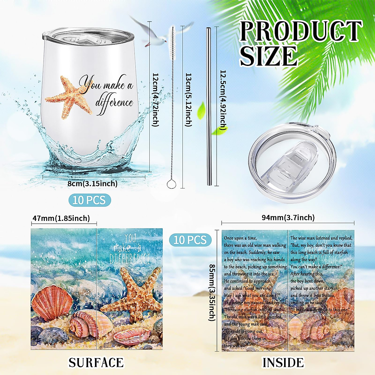 Set of 10 Thank You Gifts Make a Difference Gift Employee Appreciation Bulk 12oz Stainless Steel Tumbler Cup Starfish Motivational Poem Cards for Volunteer Staff Secretary Assistant Nurse