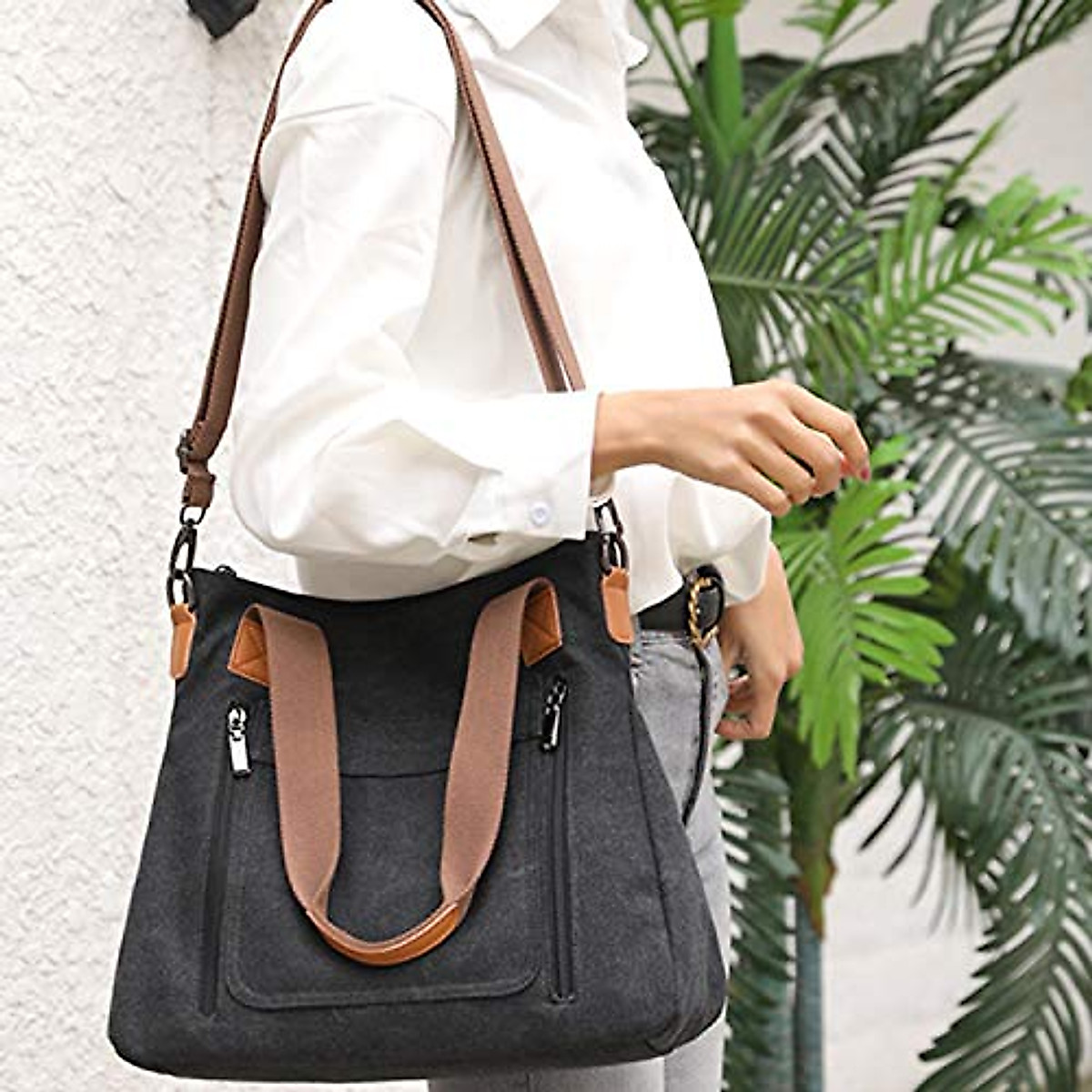 Women's Canvas Tote Handbags Vintage Casual Shoulder Work Bag Crossbody Purses (Black) One Size