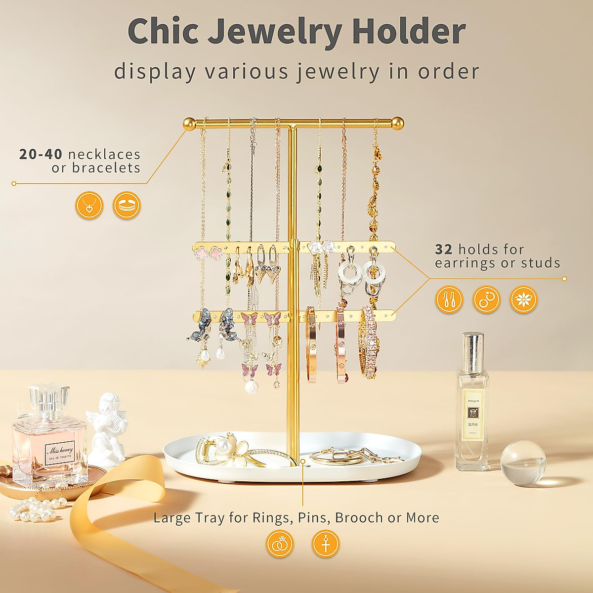 Elegant Jewelry holder Organizer 2-Tier Display Storage Stand for Earrings Necklaces with Ring Tray Spacious and Durable, Easy to Assemble & Gold