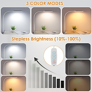 ShineTech LED Desk Lamp for Home Office, Eye-Caring Desk Light with Clamp, 3 Colors Stepless Brightness Adjustable Flexible Gooseneck, USB Adapter