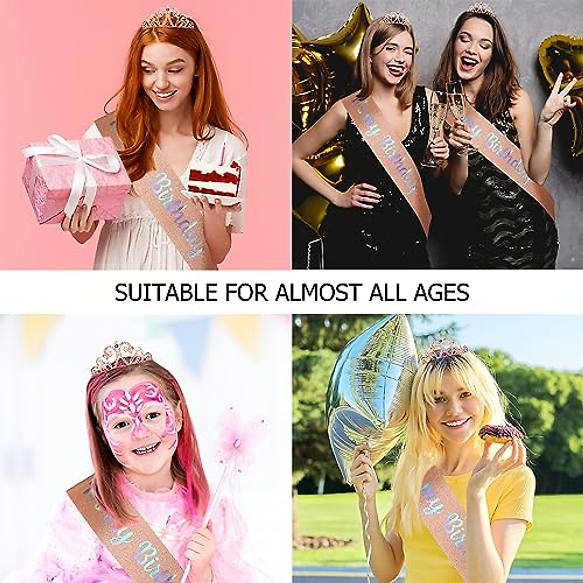 BAHABY Birthday Crown for Women It's My Birthday Sash & Rhinestone Tiara Set Birthday Sash and Tiara for Women Rhinestone Headband for Girl Glitter Crystal Hair Accessories for Party - Rose Gold