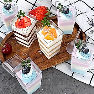 HawHawToys 100 Pack 3 OZ Dessert Cups with Lids and Spoons,Square Plastic Dessert Shooter Cups Parfait Cups for Party Desserts,Appetizer Serving (100)