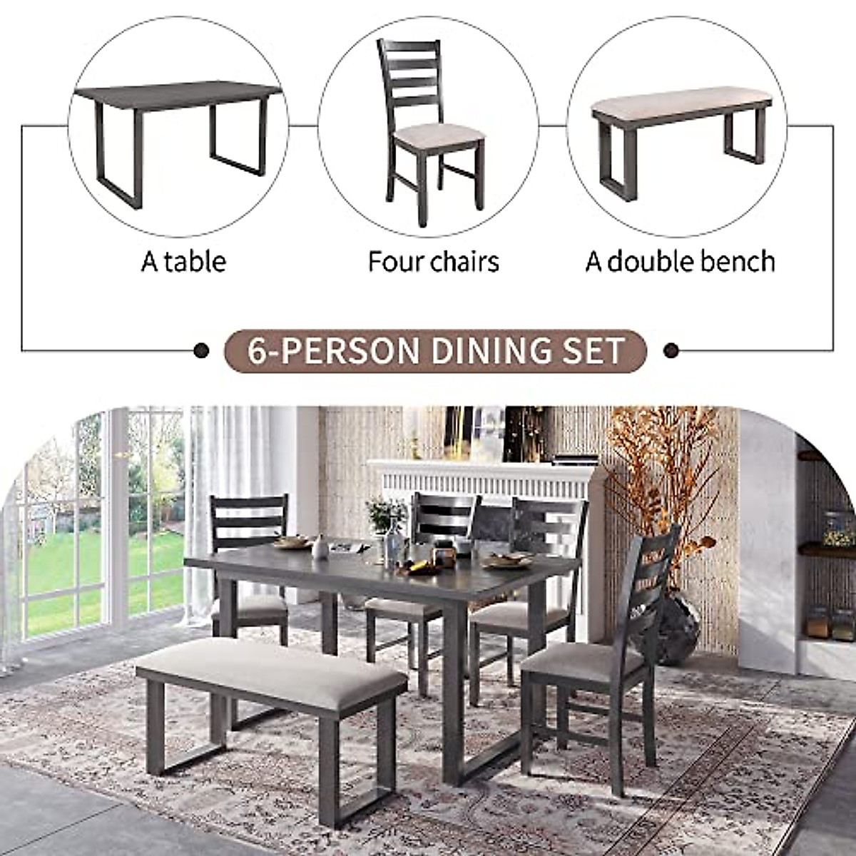 Merax 6-Piece Wooden Dining Table Set with 4 Cushioned Chairs and 1 Bench, Family Furniture for Kitchen, Grey-3-6pcs