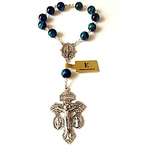elegantmedical Handmade Peacock bule Tiger Eye Jade Beads car rosary catholic Prayer one Decade Rosary Bracelet Pardon Crucifix Cross Gift