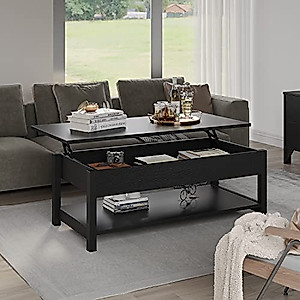 Panana Lift Top Coffee Table with Hidden Compartment & Open Storage Shelf, Lift Tabletop Farmhouse Table Pop Up Table for Living Room,Home Office Reception, 45.28" L x 21.16" W x 16.14" H (Black)