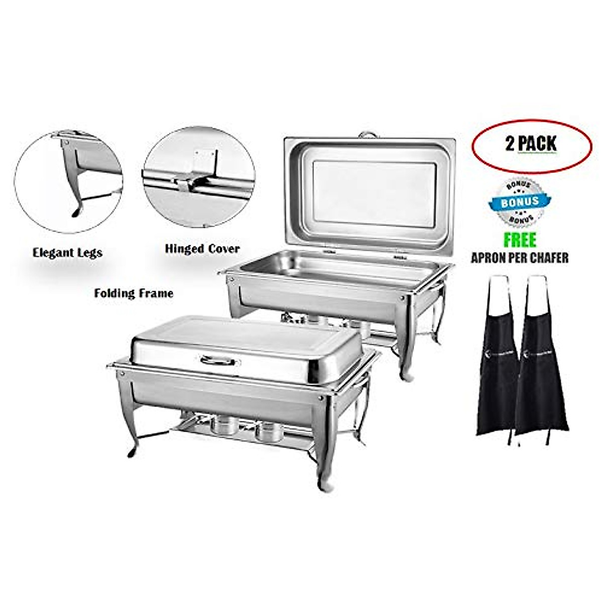 CHEFQ [2 Pack| 8Qt Deluxe Hinged Chafing Dish Foldable Frame Buffet Chafer Stainless Steel Food Warmer and 2 Aprons