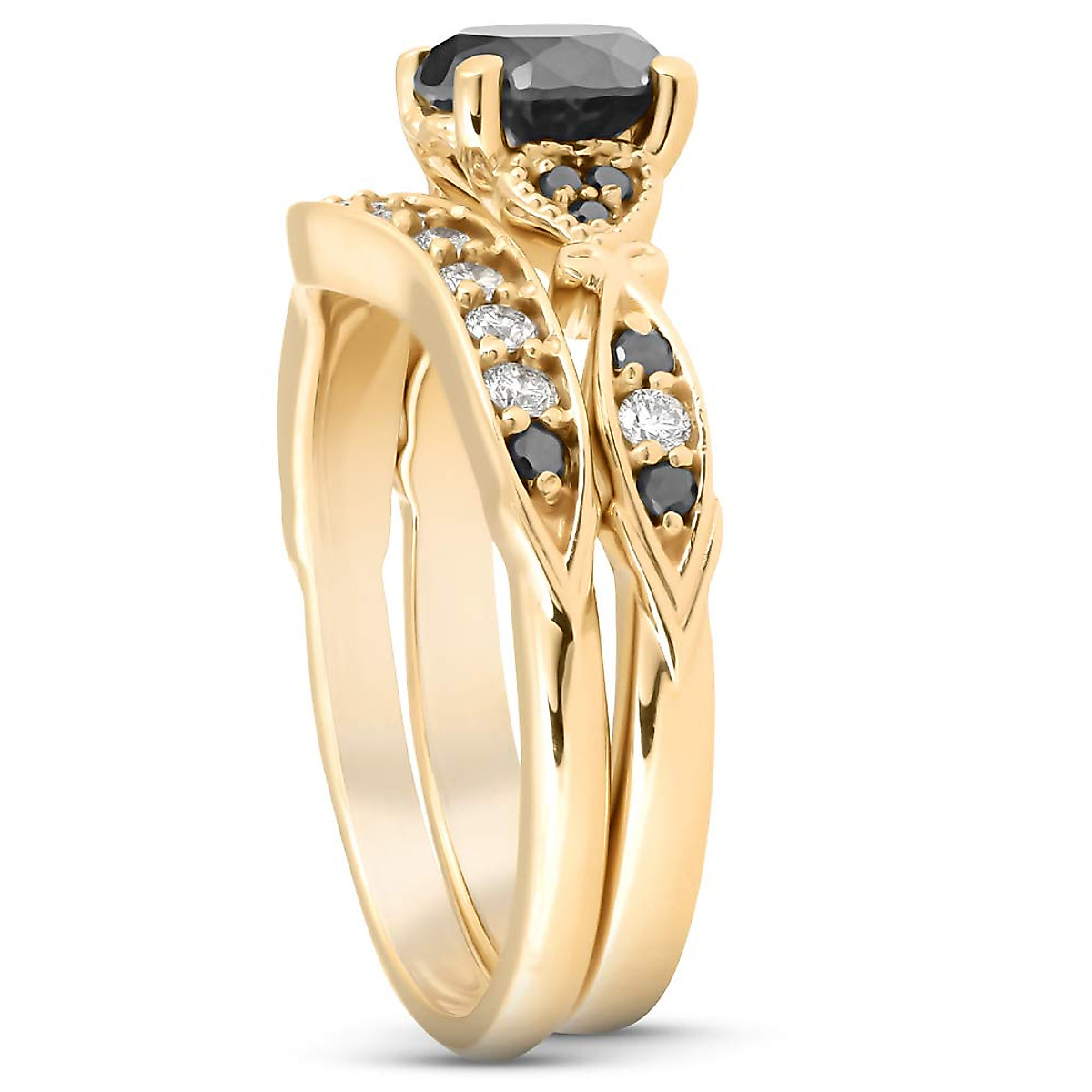 1 3/4 Ct Black & White Diamond Engagement Wedding Ring Set 10k Yellow Gold - Size 9