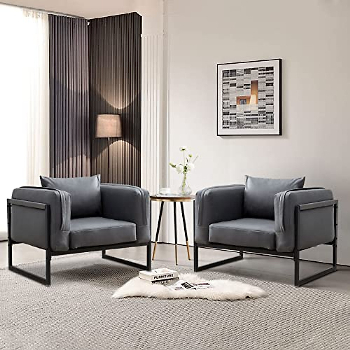 TUKAILAi Faux Suede Leather Single Sofa Couch with 1 Cushion, Modern Accent Chair with Arms and Metal Frame for Living Room, Upholstered Lounge Chair Armchair for Bedroom Guest Reception (Grey)