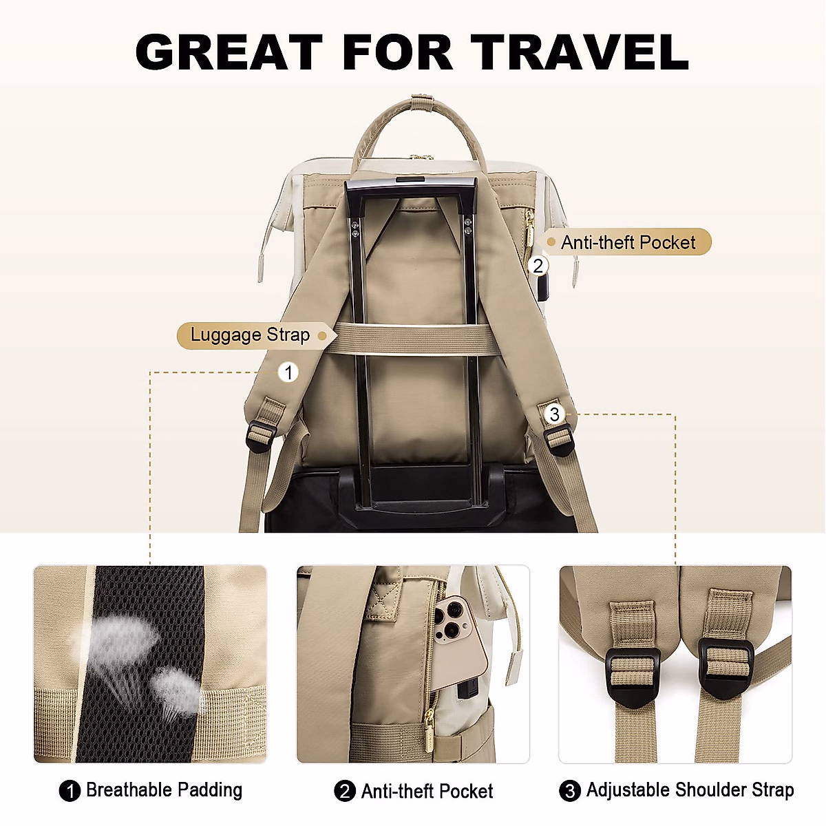 LOVEVOOK Laptop Backpack for Women, Fashion Computer Backpacks Purse, School Student Bookbag for Girl, Business Travel Bags, Doctor Nurse Backpack for Work, Fits 15.6-Inch Laptop, Beige-Khaki