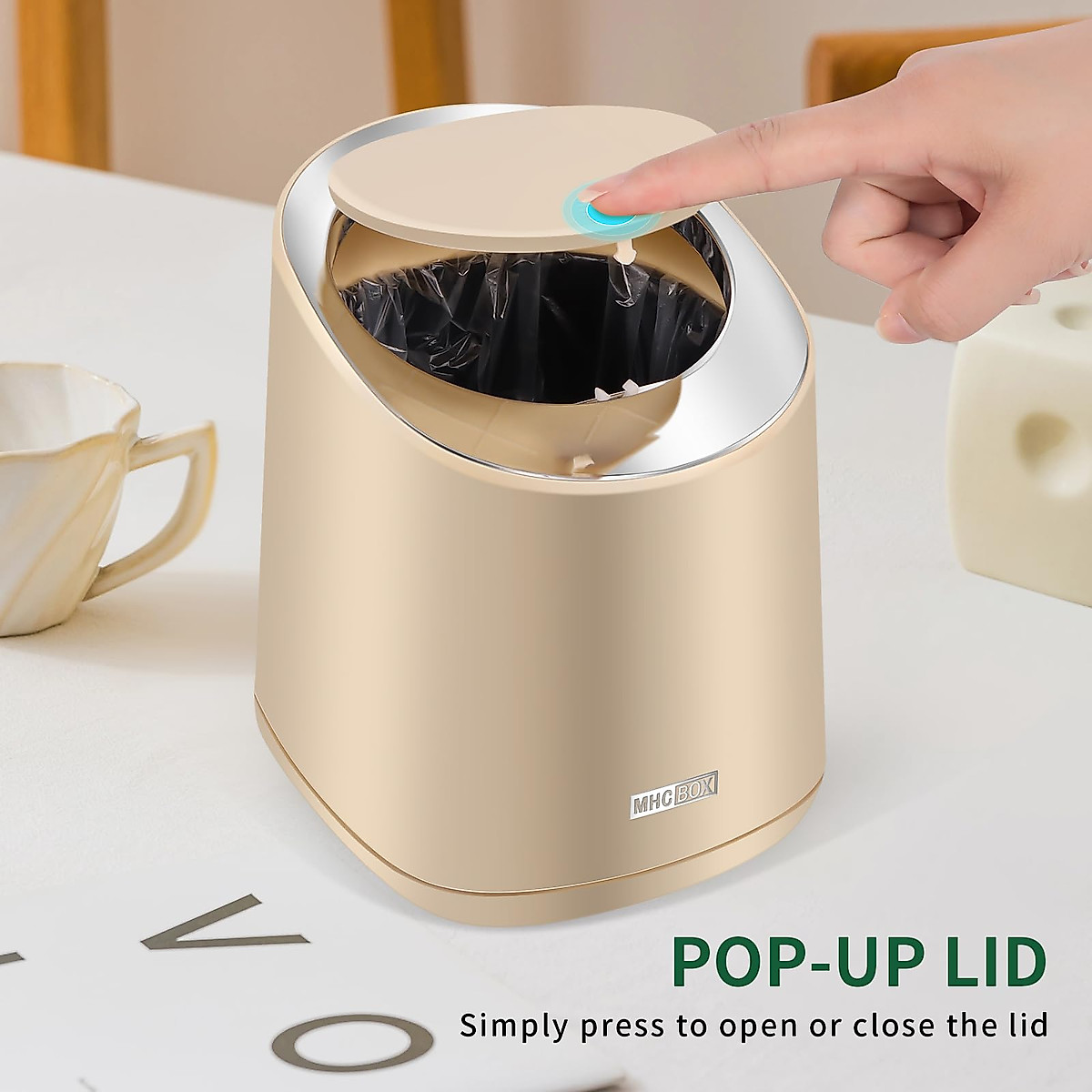 TIMIVO Mini Trash Can with Lid, Desktop Small Trash Can Garbage Can, 0.5G/2.0L Pop Up Countertop Wastebasket for Bathroom, Office, Kitchen, Desk, Car with Trash Bags 140 Pcs(Khaki)