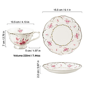 fanquare White Porcelain Tea Cup with Saucer, Single Rose Tea Cup for Coffee, Latte, Espresso, 7.4oz