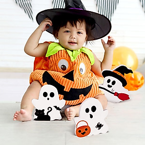 3 Pcs Cute Ghost Halloween Decorations for Indoors, Spooky Decorations, Wooden Tiered Tray Decor Table Sign, Black Cat, Bat, Witch Broom Signs, Pumpkin Blocks for Party Home Shelf Display