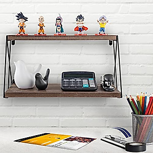 MyGift Wall Mounted 2 Tier Floating Display Shelf, Rustic Burnt Wood Collectibles Storage Shelf with Geometric Matte Black Metal Wire Side Brackets