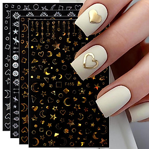 JMEOWIO 9 Sheets Moon Star Nail Art Stickers Decals Self-Adhesive Pegatinas Uñas Gold Silver Black Nail Supplies Nail Art Design Decoration Accessories