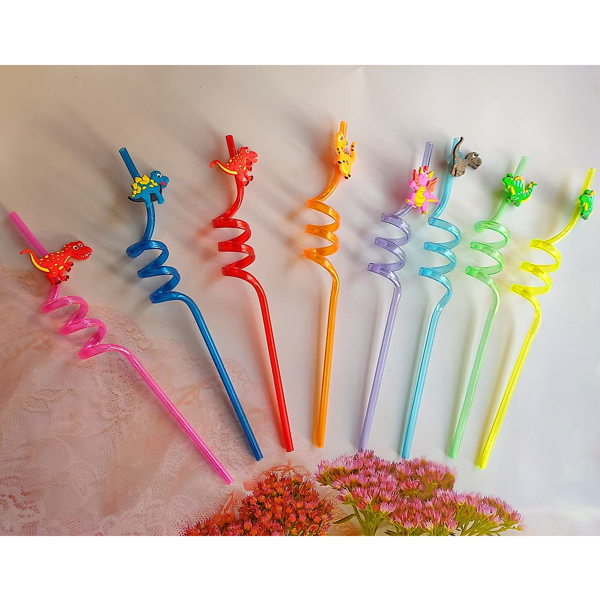 8 Pieces Plastic Reusable Dinosaur Straws for Kids, Animal Safari Jungle Drinking Dinosaur Theme Straws for Party Decoration Supplies Birthday