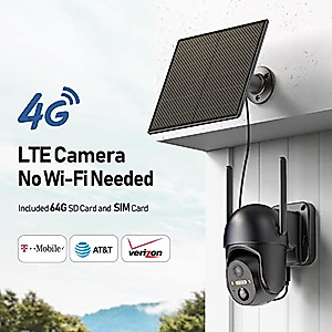 4G LTE Cellular Solar Security Camera Wireless Outdoor, No WiFi Battery Cameras(Verizon, AT&T and T-Mobile), 360° View, 2K Color Night Vision, PIR Motion Sensor, 2 Way Audio(64G SD&SIM Card Included)