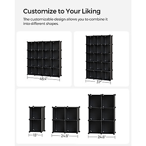 SONGMICS Cube Storage Organizer, Set of 16 Plastic Cubes, Book Shelf, Closet Organizers and Storage, Room Organization, Bedroom Living Room, 12.2 x 48.4 x 48.4 Inches, Black ULPC44BK