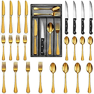 24 Piece Gold Silverware Set with Organizer, Gold Flatware Set for 4, Stainless Steel Cutlery Set with Drawer Organizers, Kitchen Utensils Include Spoons, Forks, Knives, Service for 4