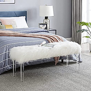 New Classic Furniture Marilyn Upholstered Glam Faux Fur Bench, 48.75-inch, White