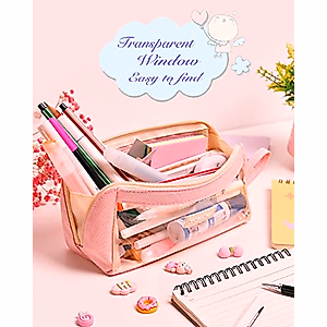 YOKUMA Clear Aesthetic Pencil Case Pouch Cute Kawaii Mark Pen Case Organizer Transparent Colored Large Capacity Makeup Bag for Girls Teen College Students Adults, Back to School Supplies (Pink)