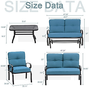 Incbruce 5 Pcs(6 Seats) Outdoor Metal Furniture Sets Wrought Iron Patio Conversation Sets, (Glider, 2 Single Chairs, Loveseat, and Coffee Table) with Cushion (Peacock Blue)