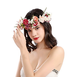 Vivivalue Rose Flower Crown Flower Garland Headband Hair Wreath Floral Headpiece Halo Boho Party Wedding
