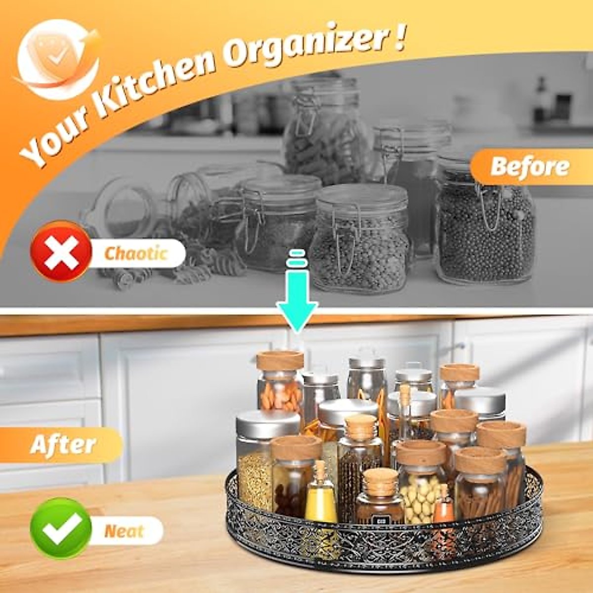Black Lazy Susan Turntable for Table, Lazy Susan Organizer for Cabinet, Lazy Susan Spice Rack, Lazy Susan for Dining Table, Countertop, Cabinet, Makeup, Bathroom, Pantry (12IN-Branch-Black)