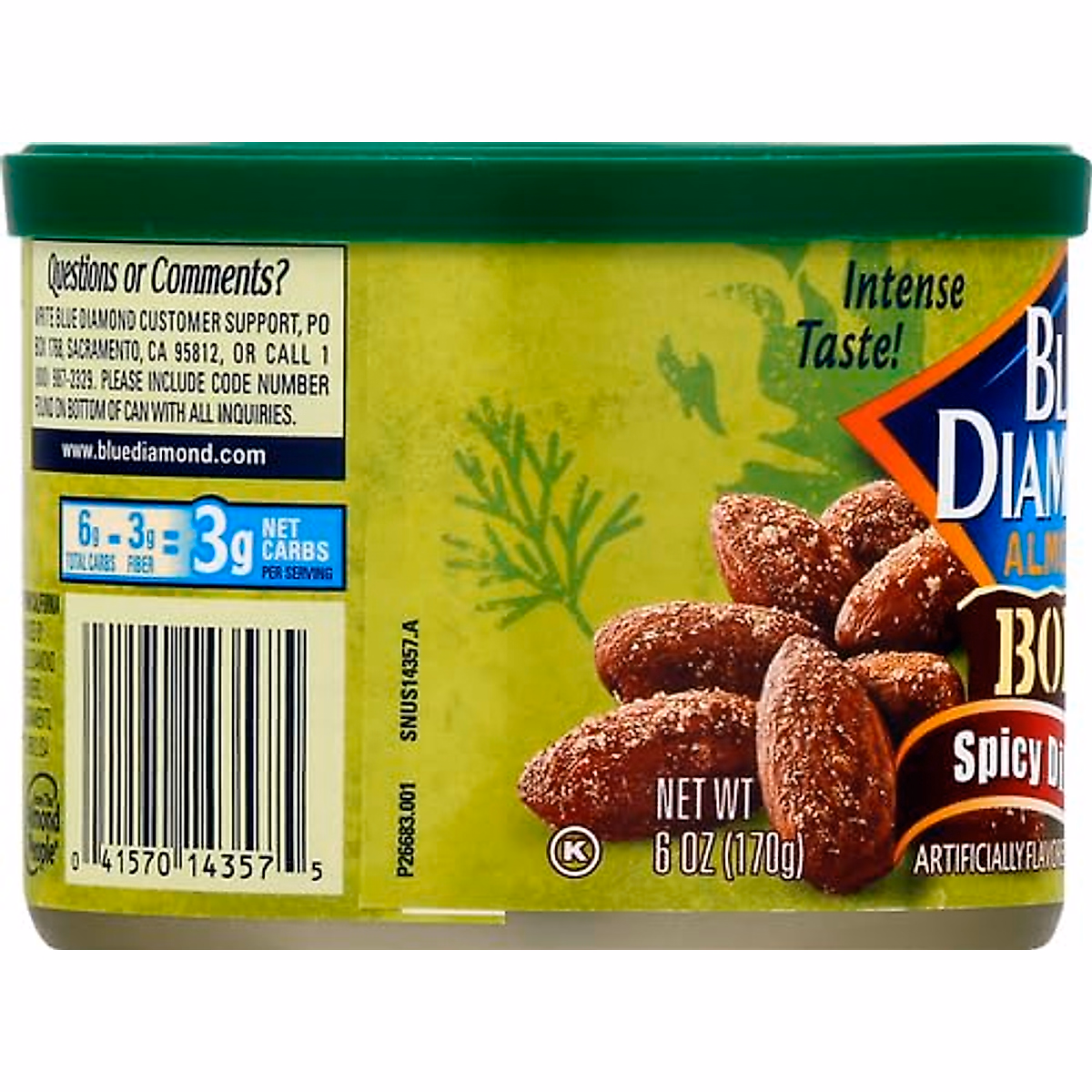Blue Diamond Almonds Spicy Dill Pickle Flavored Snack Nuts, 6 Oz Resealable Can (Pack of 1)