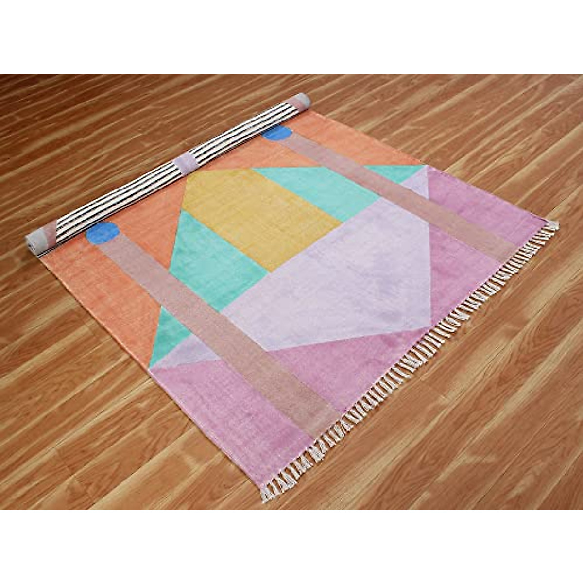 Casavani Indian Handmade Cotton Dhurrie Geometric Pink & Orange Area Rug Boho Kilim Flat Weave Rug Indoor Hall Room Decor Carpet Throw Rugs for Bedroom Living Room Bathroom Balcony 2x3 Feet