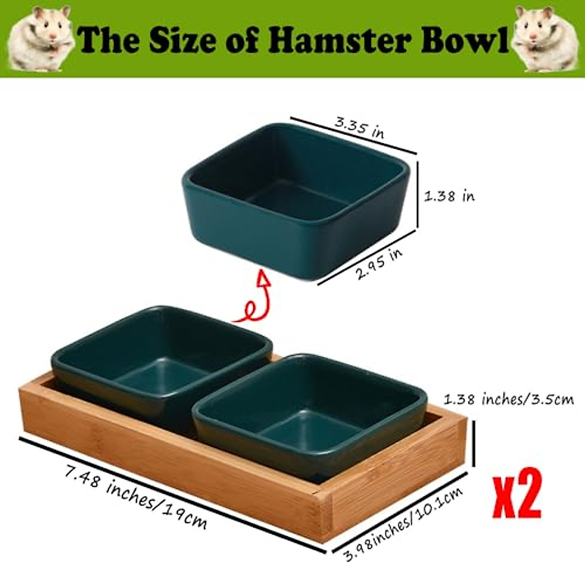 Acsist 4PCS Ceramic Hamster Bowl with Wood Stand Stylish Square Bunny Food Bowl Anti-Tipping Guinea Pig Water Bowl Dish for Rabbits Ferrets Chinchillas Hedgehogs Small Animal (Green)